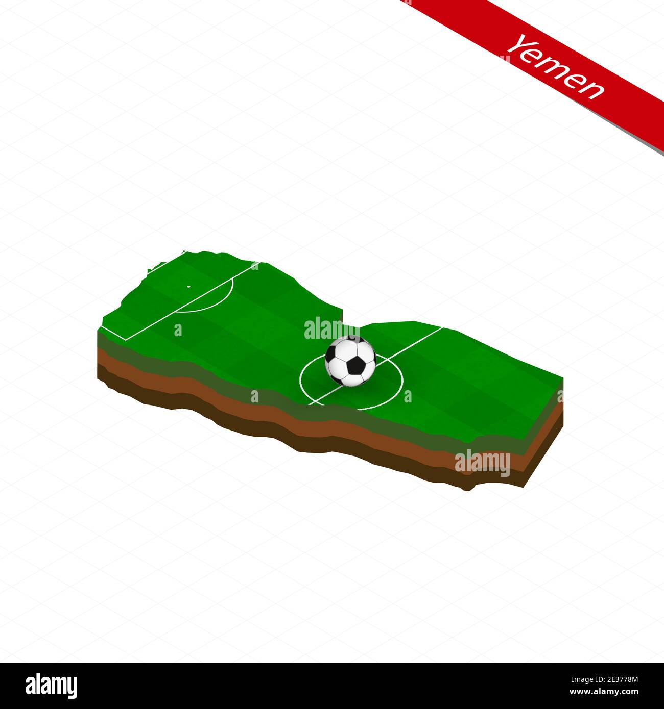 Isometric map of Yemen with soccer field. Football ball in center of ...
