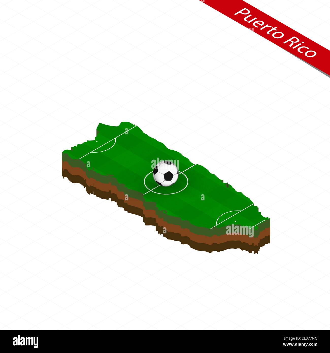 Isometric map of Puerto Rico with soccer field. Football ball in center ...