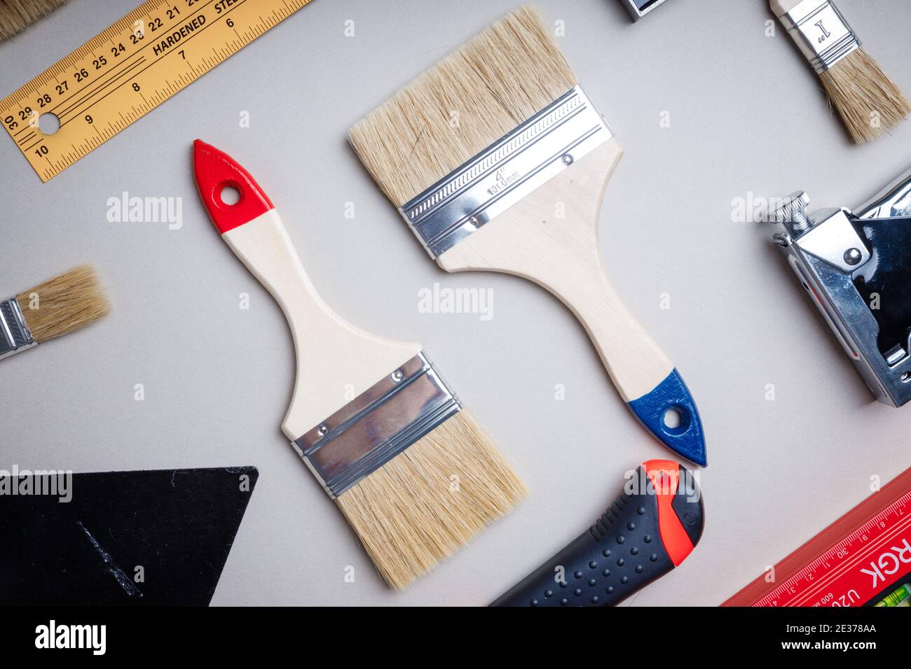 Construction tools for work and repair. Ruler, brush, spatula Stock ...