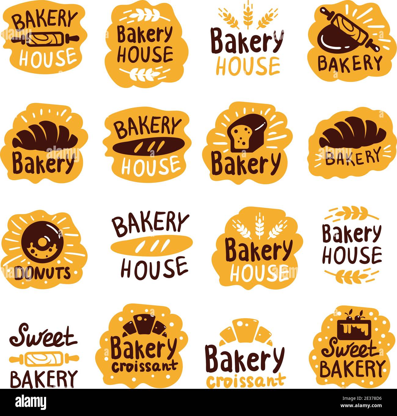 Bread and bakery products logos and icons with lettering. Bagel and ...