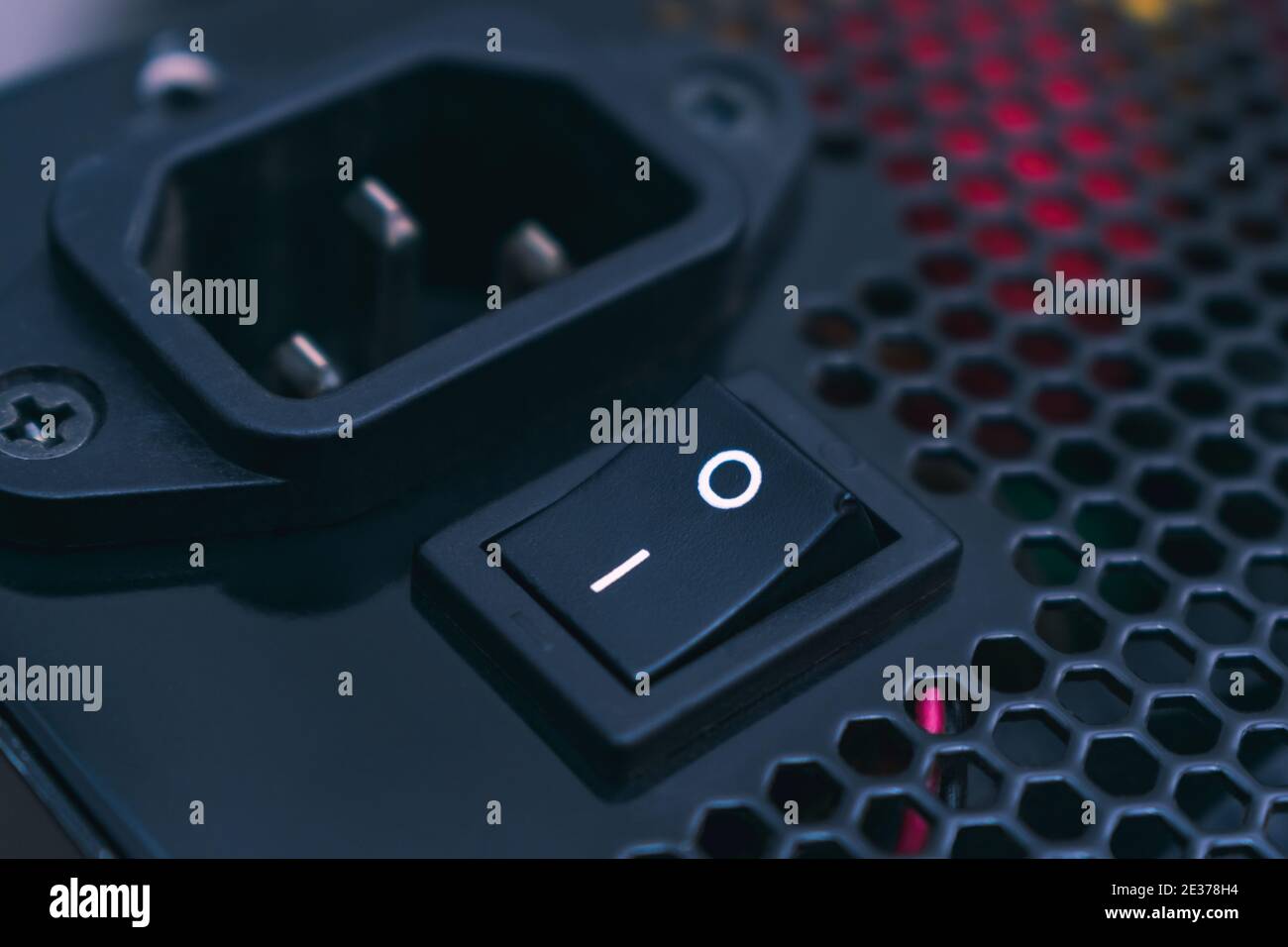 Computer power supply power on button close up in dark colors Stock ...