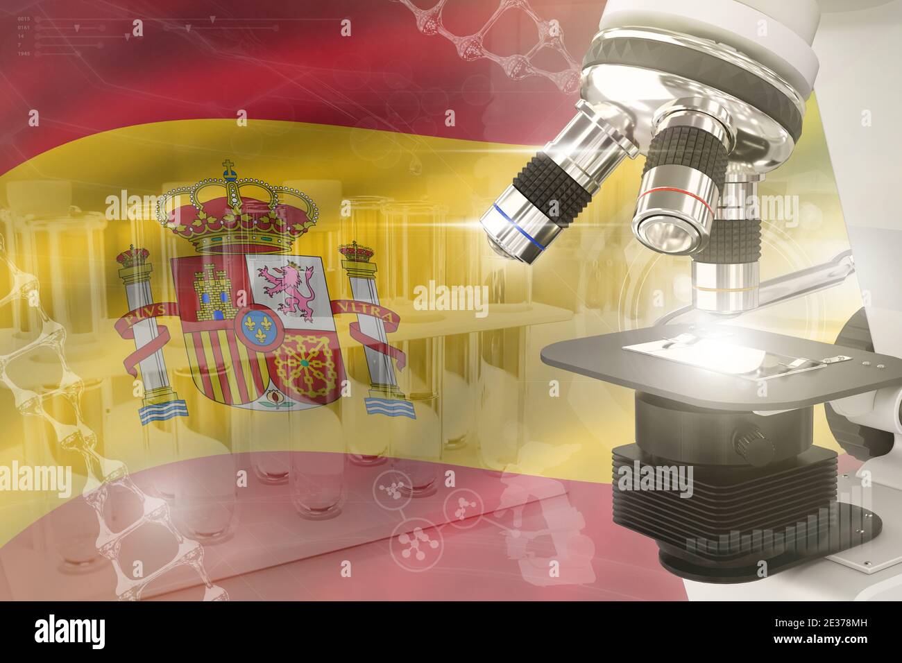 Microscope on Spain flag - science development digital background ...