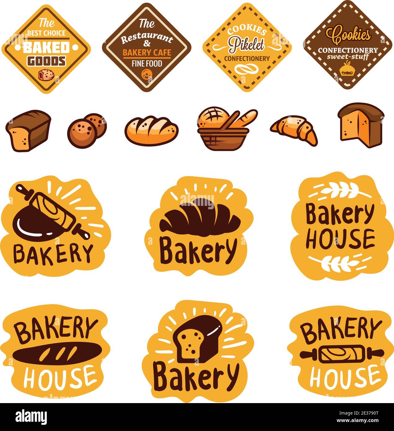 Bread and bakery products logos and icons with lettering. Bagel and ...