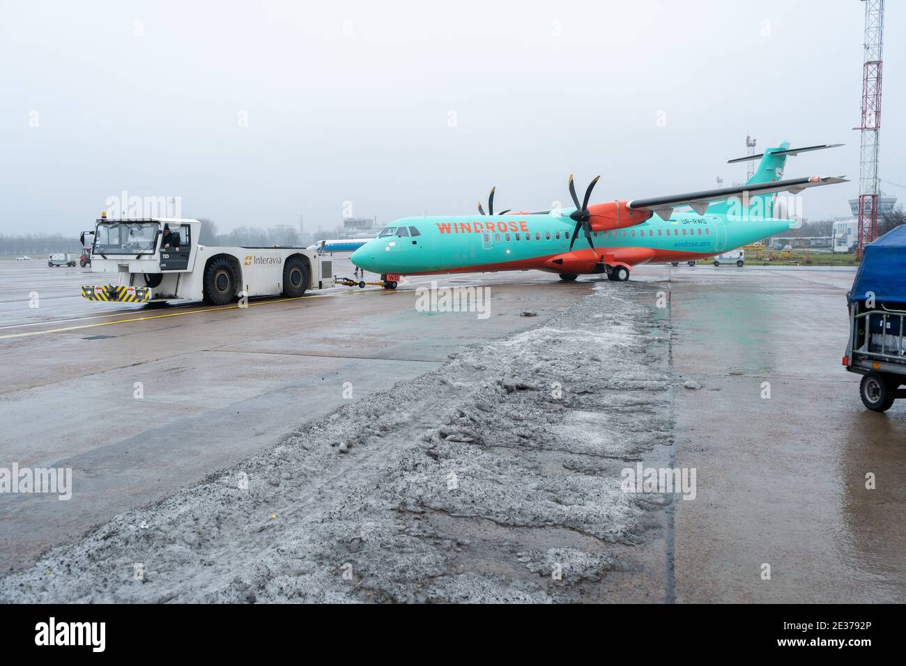 Ukraine, Kyiv - December 29, 2020: The passenger plane is towed for ...