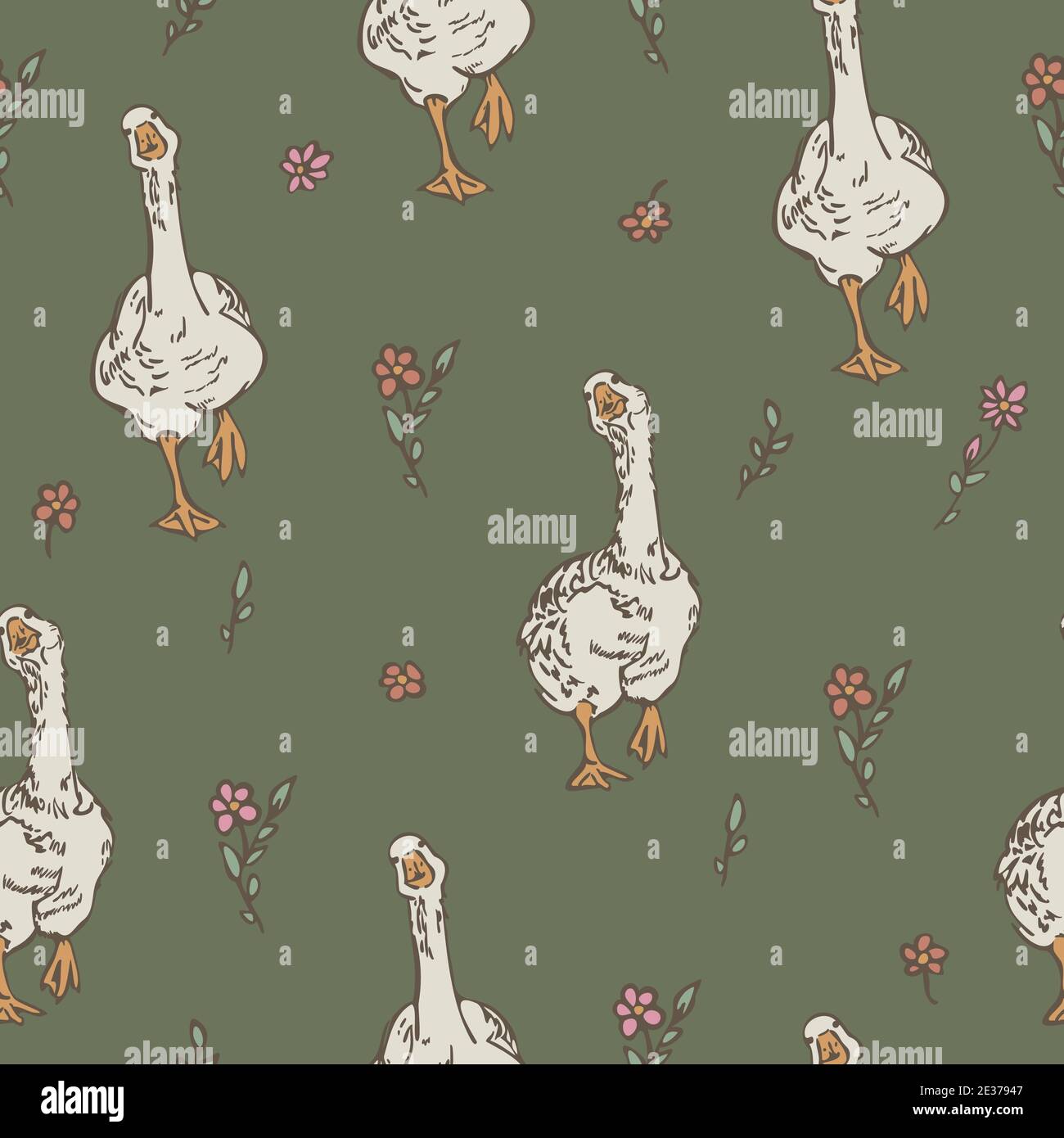 Vector seamless pattern with dancing geese and flowers on a green ...