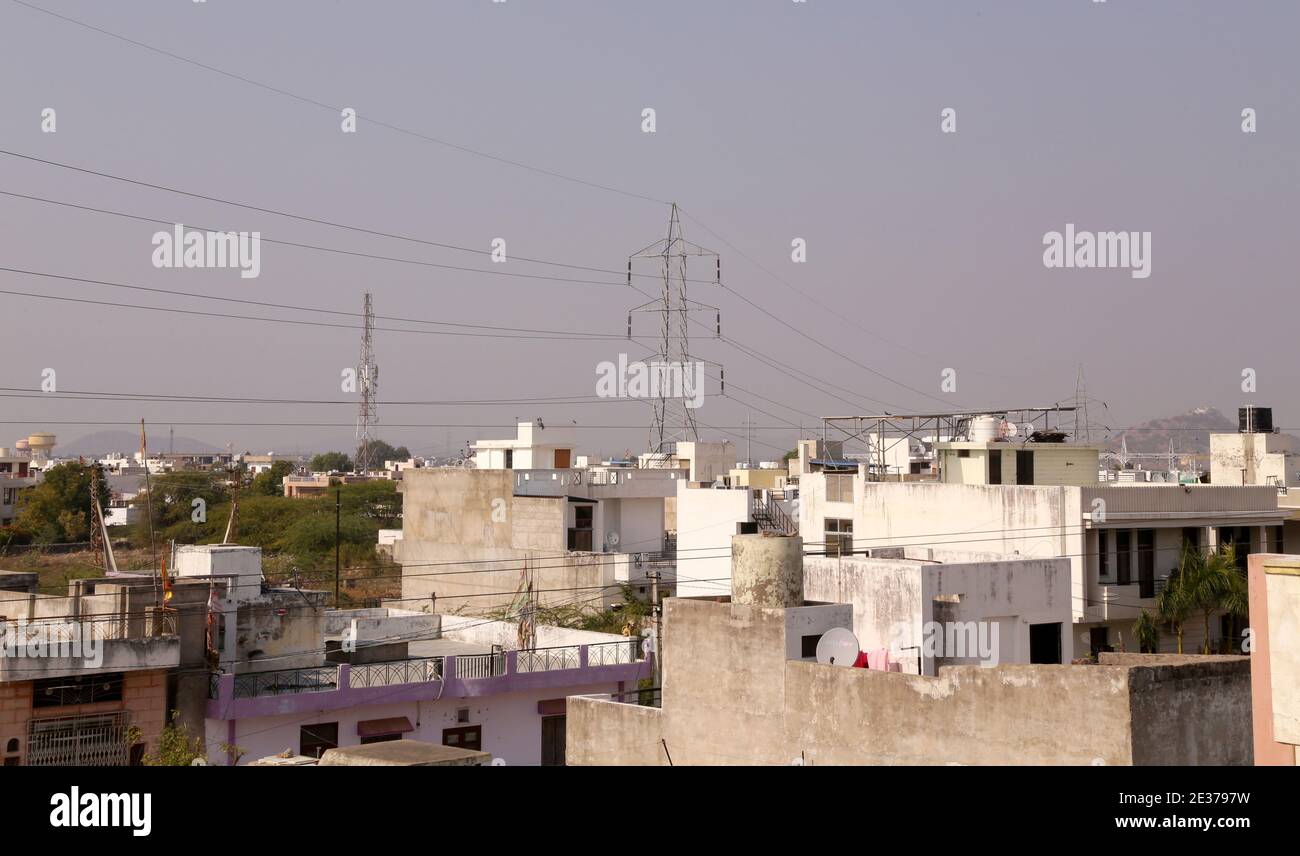 Beawar, Rajasthan, India, Jan. 17, 2021: High voltage electricity wires ...