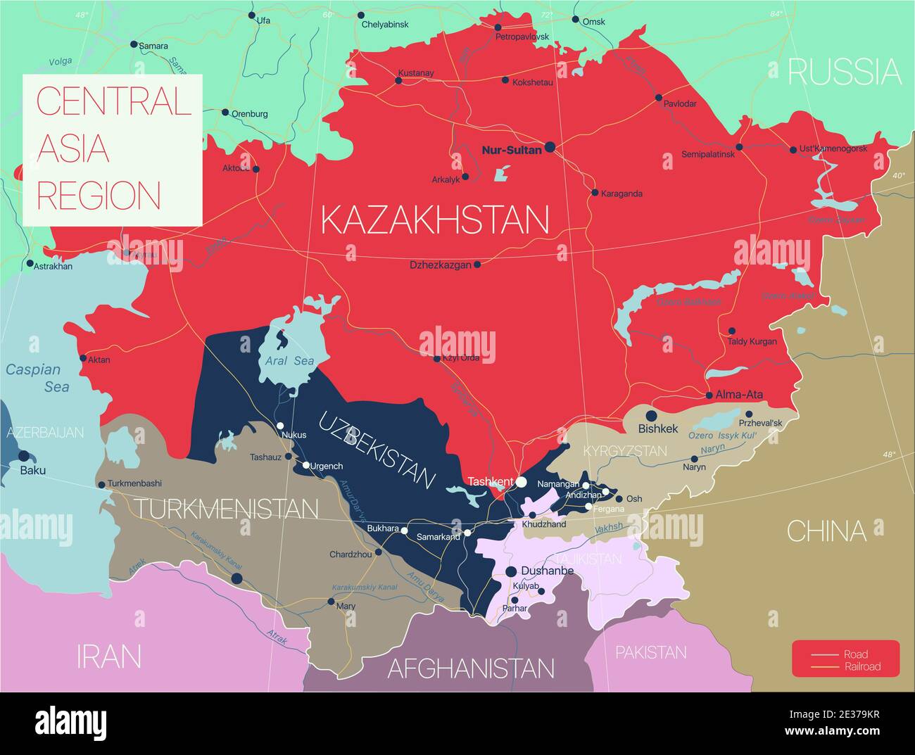 Central Asia region detailed editable map with regions cities and towns ...