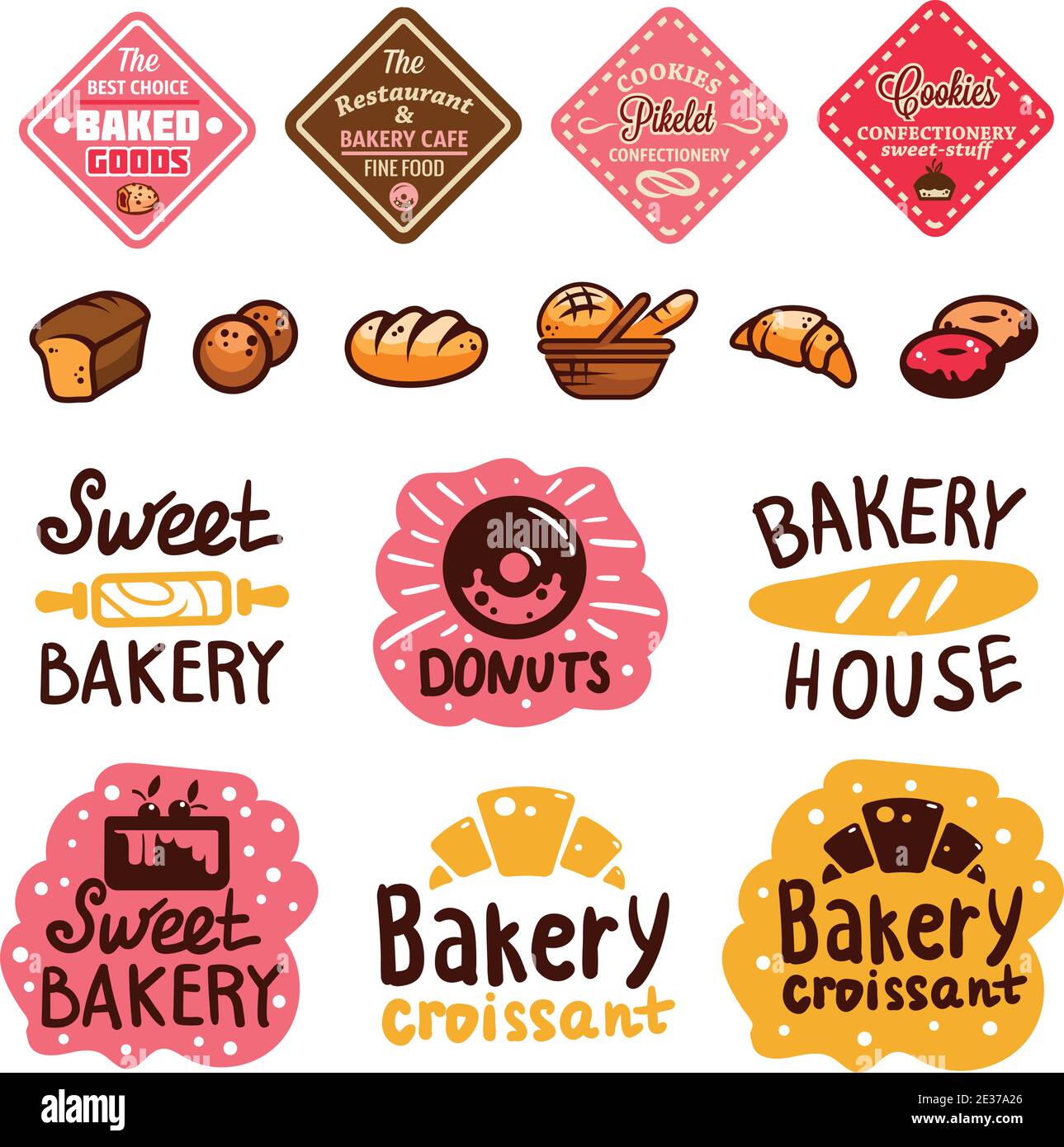 Bakery and confectionery products logos and icons with lettering. Bagel ...