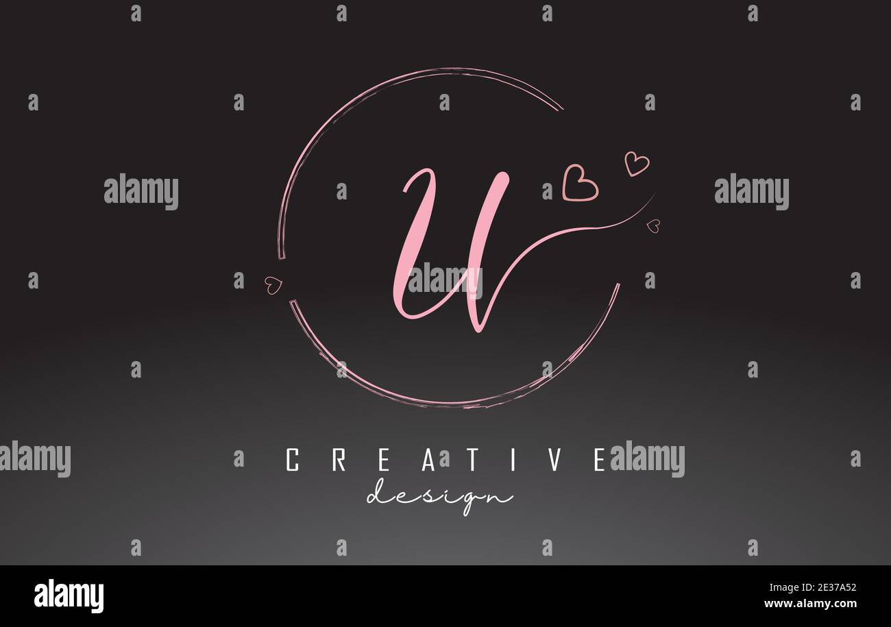 Handwritten U Letter Logo Design with Dust Pink Watercolor Ring and ...