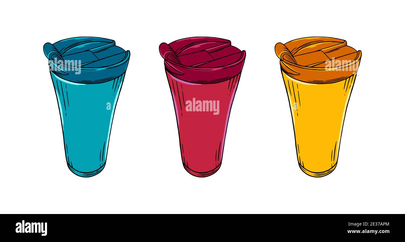 Reusable coffee cups. Bright colored eco cups for coffee to go isolated ...
