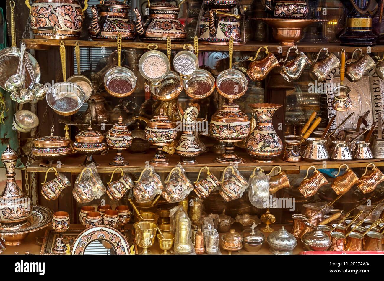 View of shop with lots of traditional Turkish copper handworks Stock ...