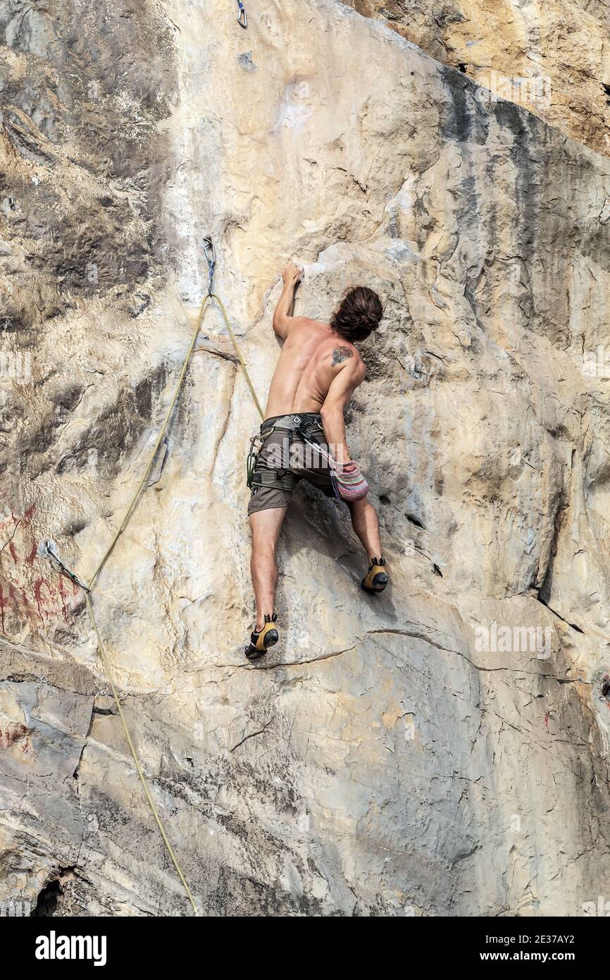 Top rope climbing rocks or top roping, anchor system at the top of the ...