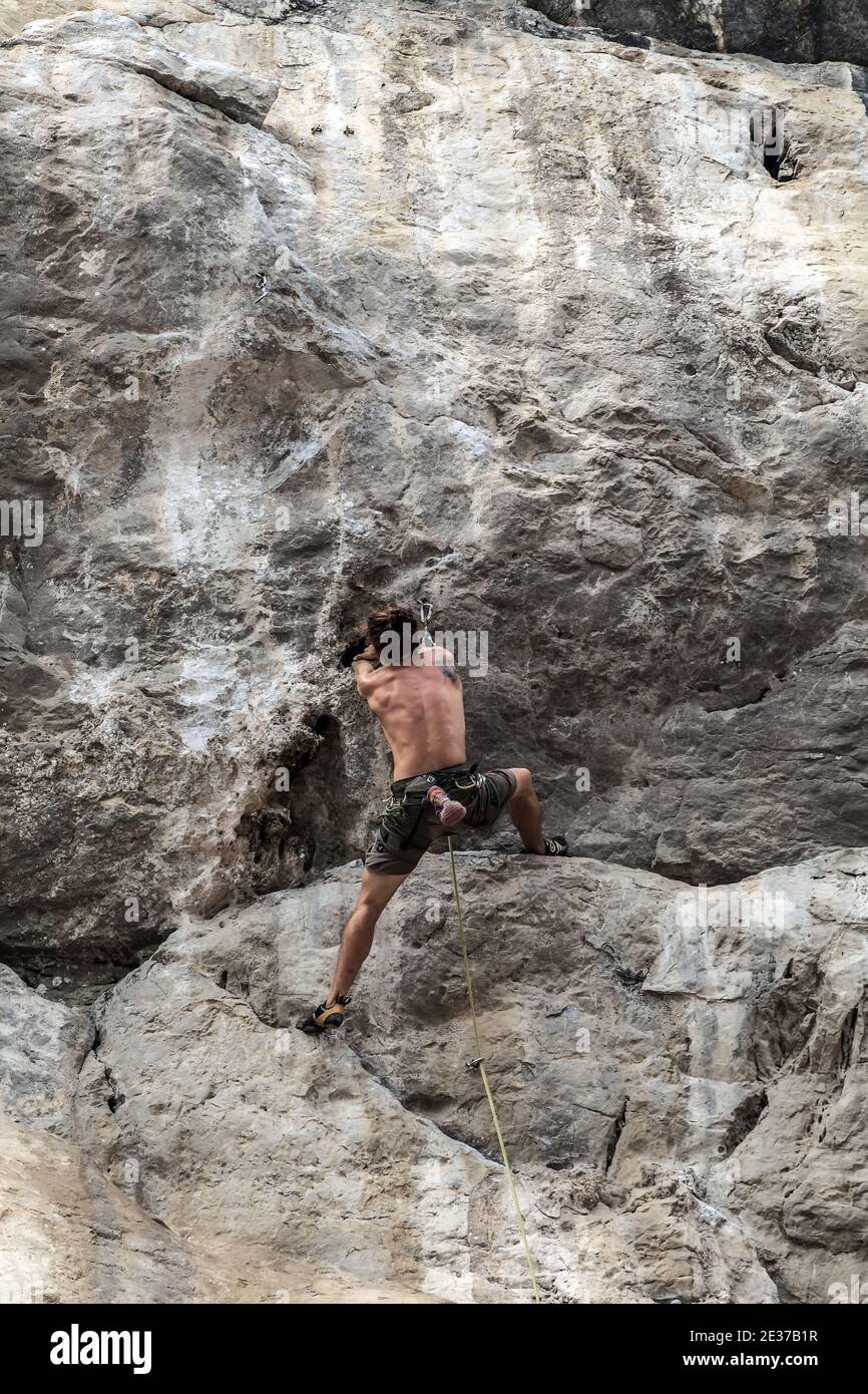 Top rope climbing rocks or top roping, anchor system at the top of the ...