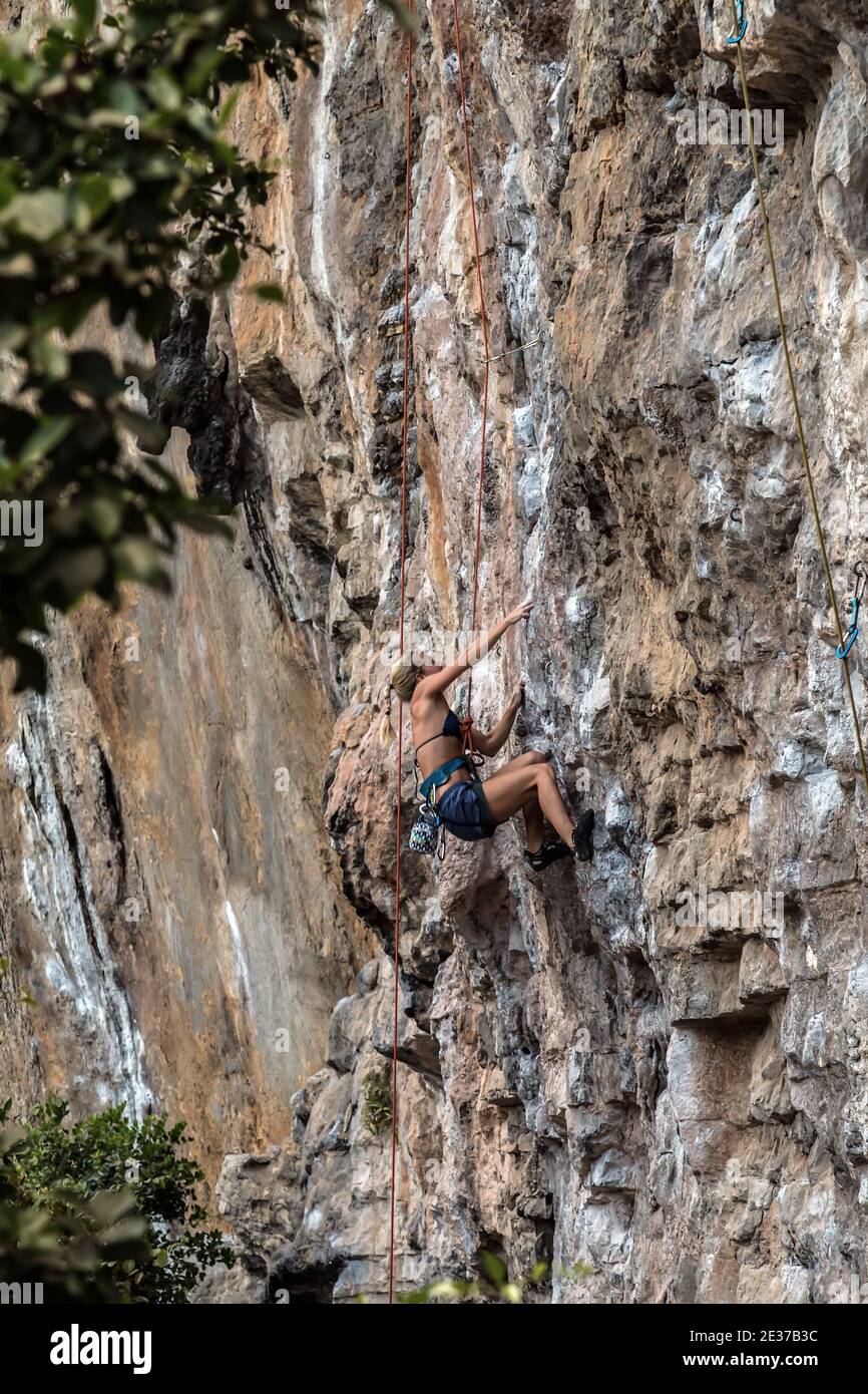 Sportive male alpinist training climbing on cliff rock with rope Stock ...