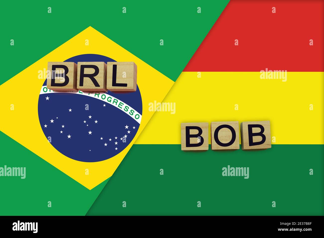 Brazil and Bolivia currencies codes on national flags background ...