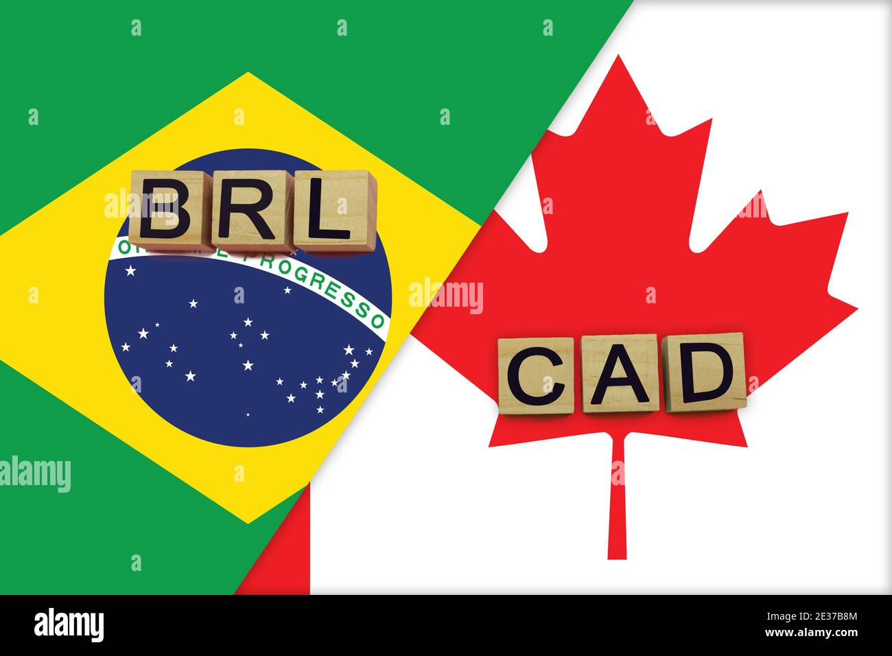 Brazil and Canada currencies codes on national flags background ...