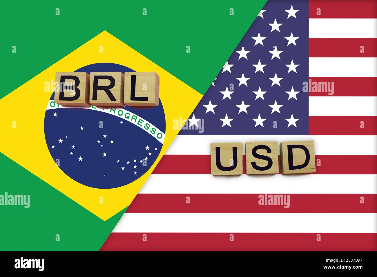 Brazil and USA currencies codes on national flags background ...