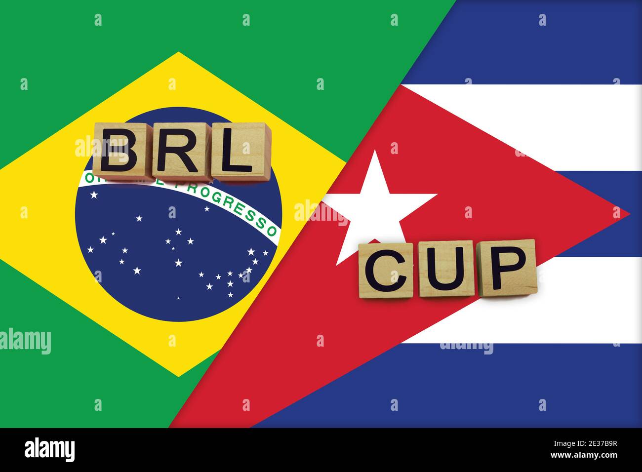 Brazil and Cuba currencies codes on national flags background ...