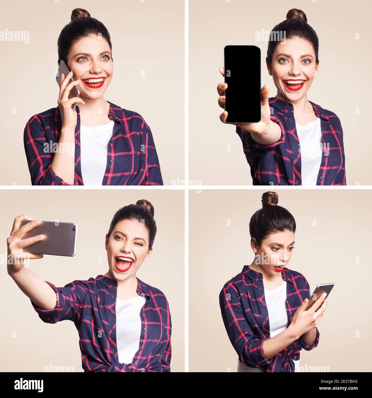 Collage of different expressions of beautiful young woman with mobile ...
