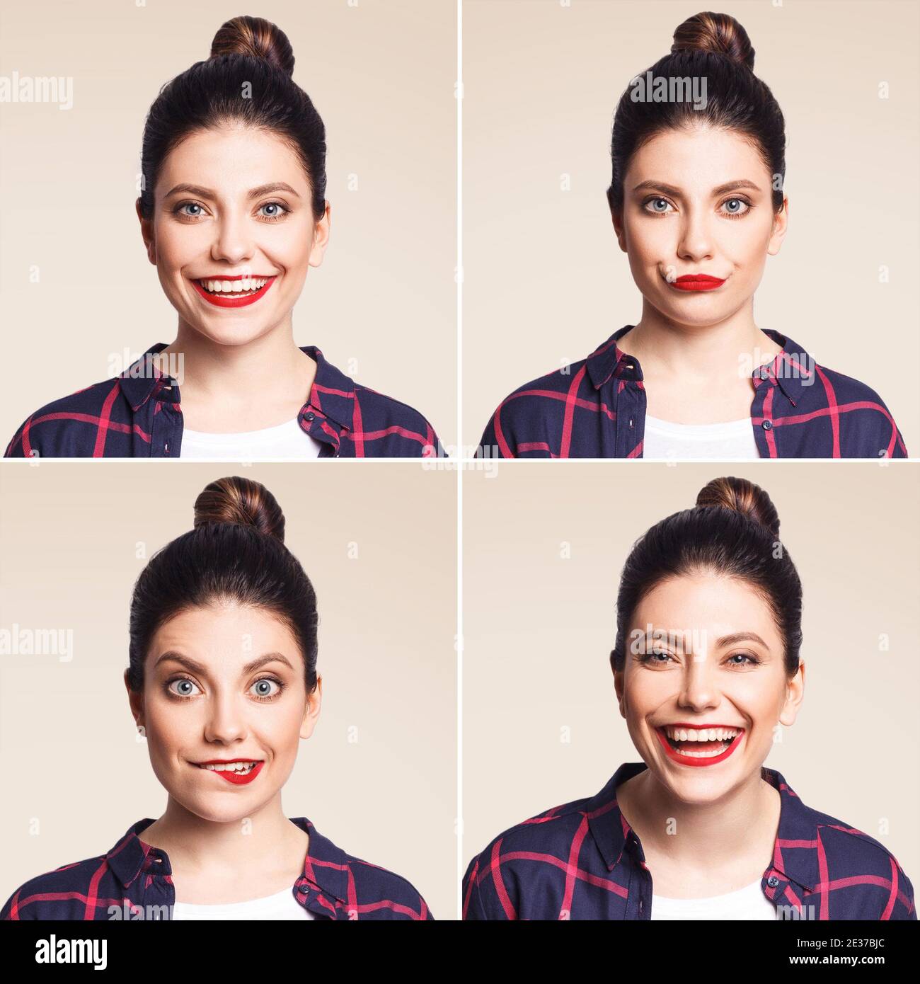 Collage of four different facial expressions of beautiful young woman ...