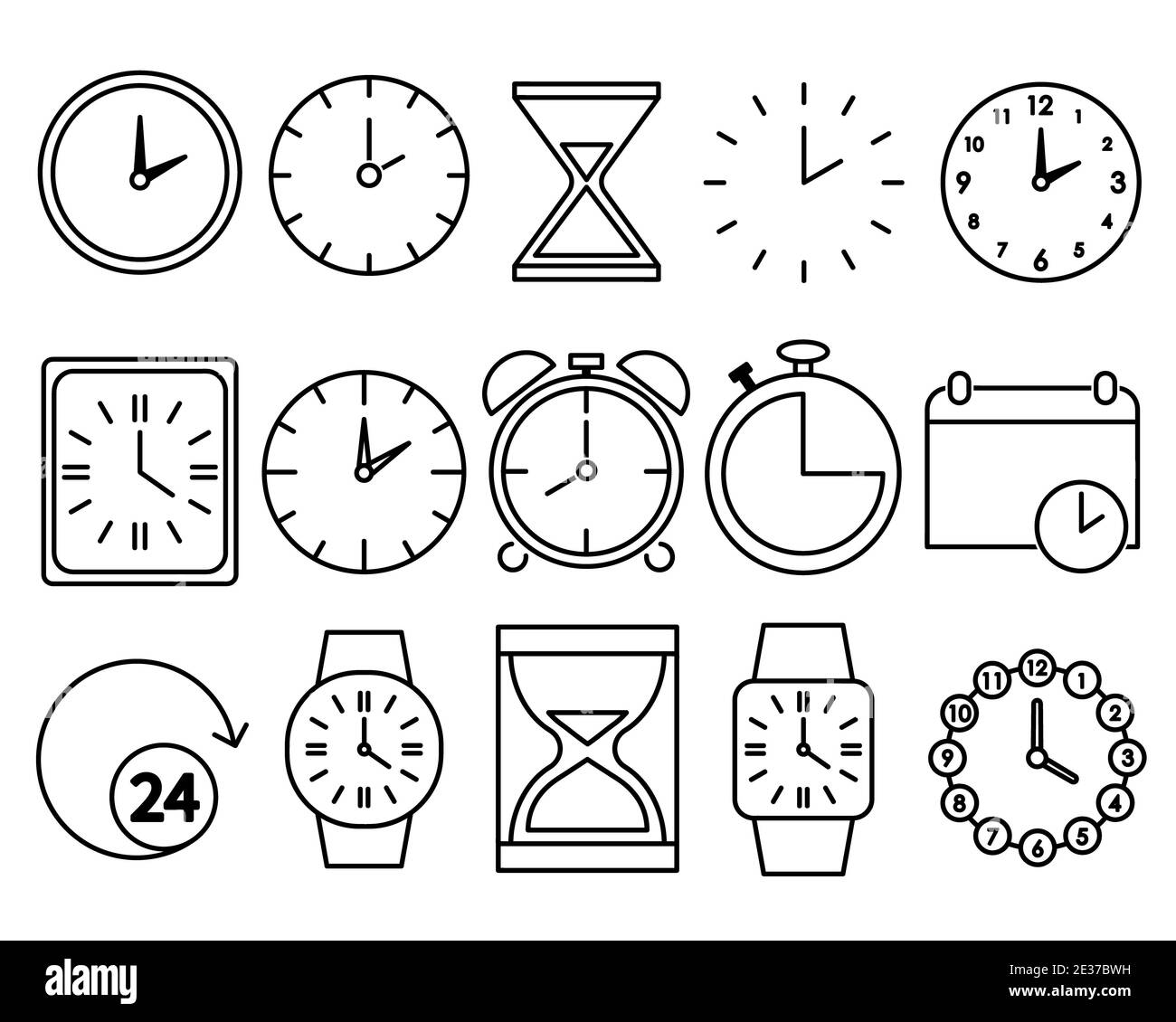 Time icons set. Clock pictogram. Flat symbol for web. Line stroke ...