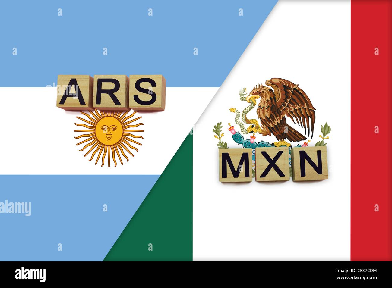 Argentina and Mexico currencies codes on national flags background ...