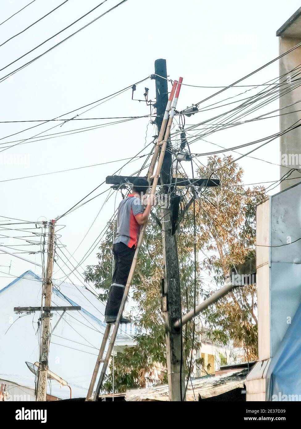 Asian electrician on a ladder repairing wire of the power line on ...