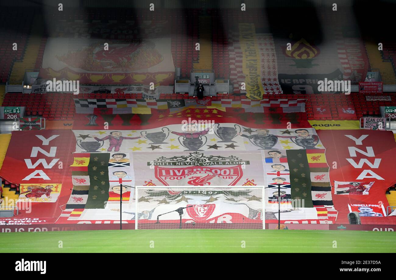 A general view of flags on the Kop before the Premier League match at ...