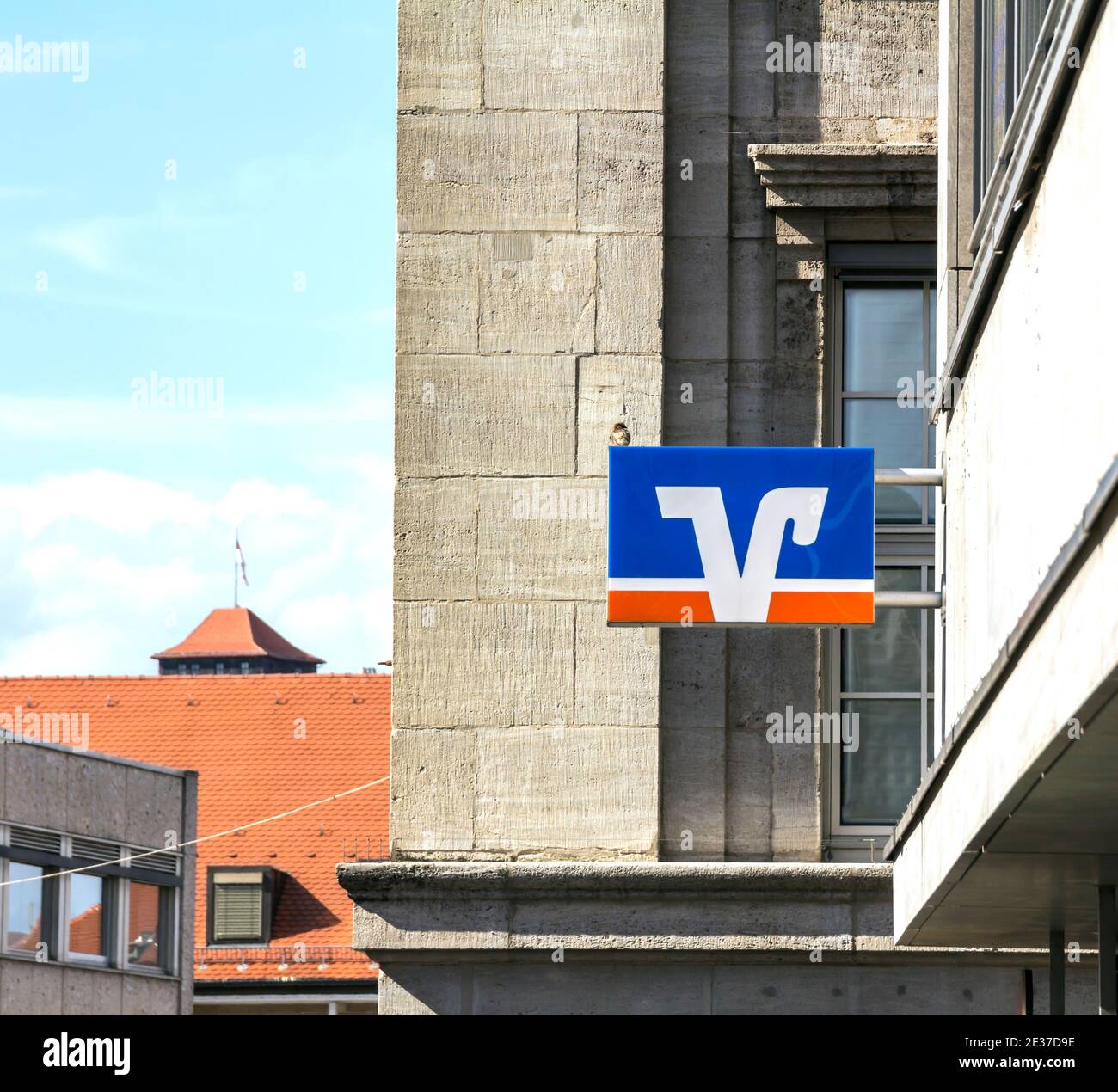 Volksbank branch. Sign with the logo of the german credit union ...