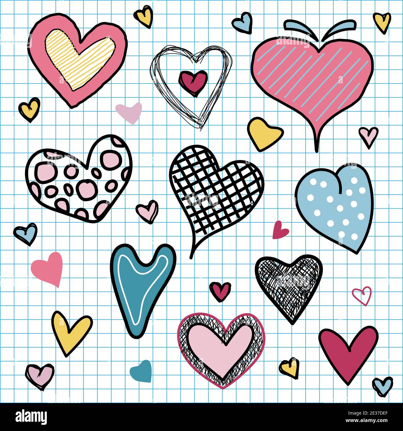 Set of valentine's day hearts love doodles hand draw on grid background ...