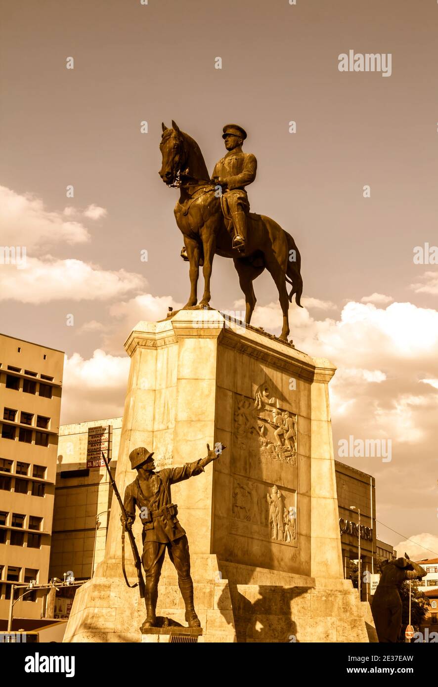 The statue of Ataturk and national flags of modern Turkey in Ulus ...