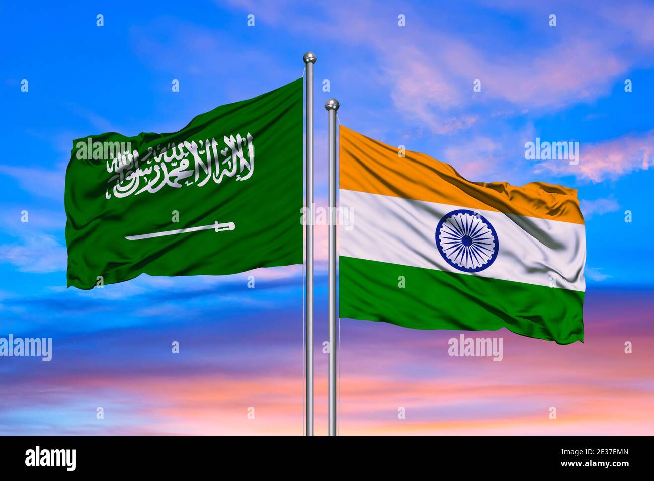 3D Rendering of India & Saudi Arabia Flags are Waving in the Sky - 3d ...