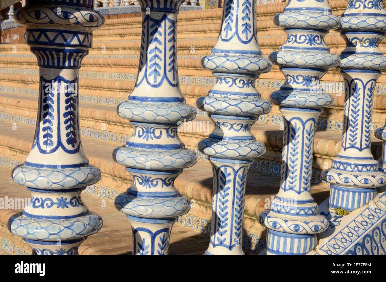 Detail of blue tiles handrail at Spain Plaza in Seville, the capital of ...