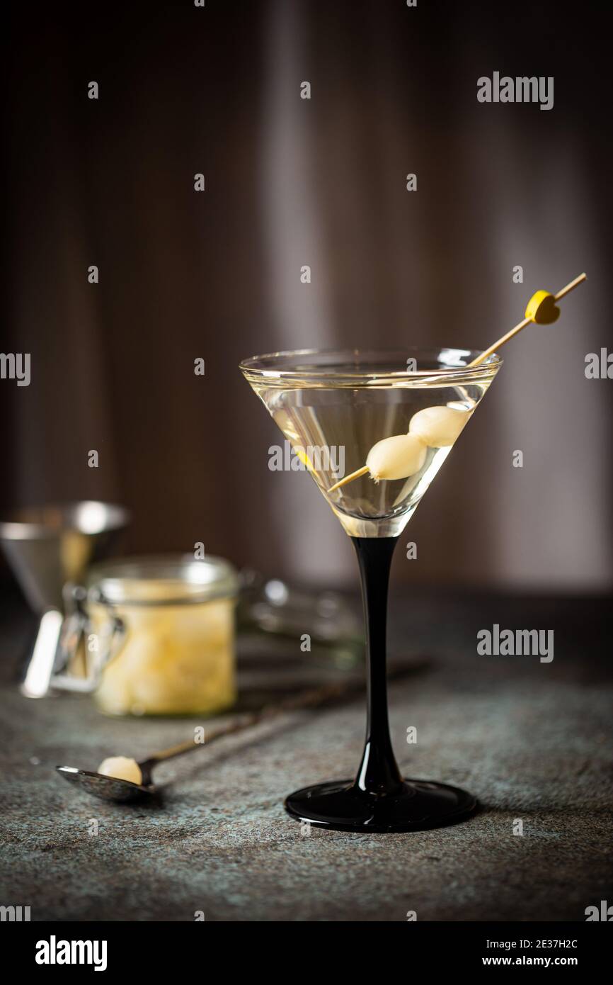 Gibson alcohol cocktail with martini and onions in martini glass ...