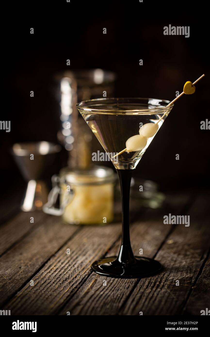 Gibson alcohol cocktail with martini and onions in martini glass ...