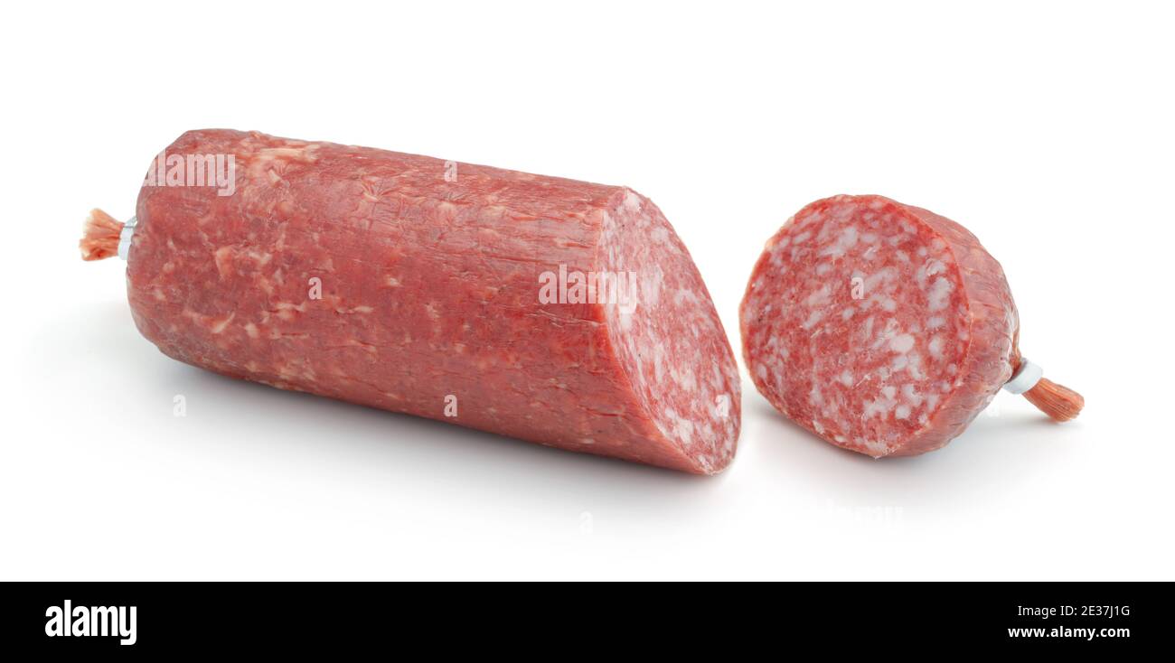 Fresh smoked sausage with fat isolated on white Stock Photo - Alamy