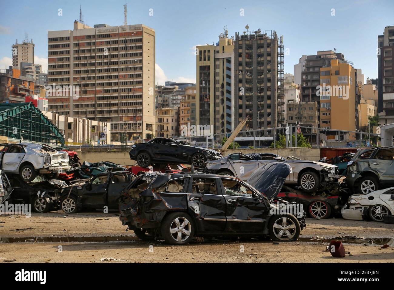 Beirut, Lebanon. 16th Jan, 2021. Destroyed cars are seen at the ...