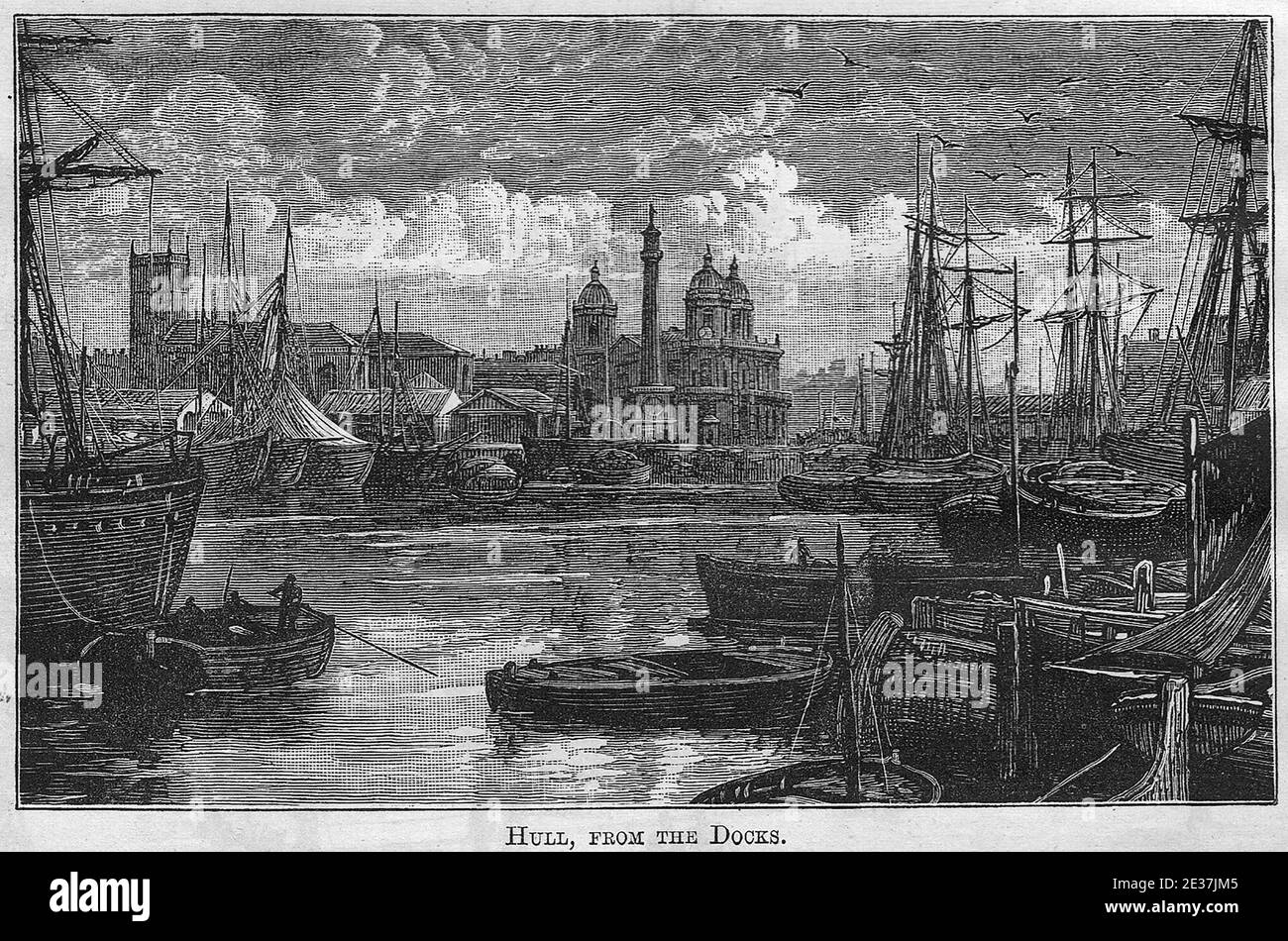 Kingston upon Hull from the docks with sailing boats and barges. An ...