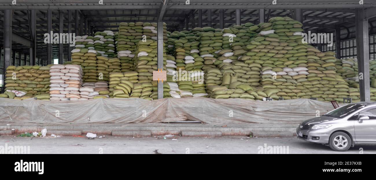 Green and white bags of rice stacked tall at a local storage warehouse ...
