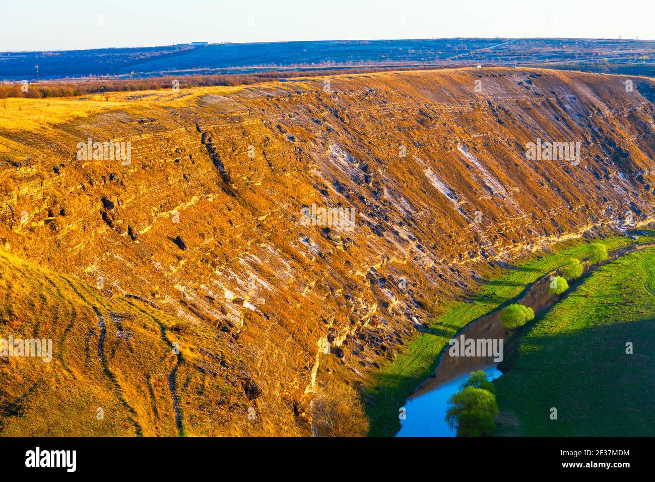 Limestone cliffs at the riverside . Panoramic landscape with cliffs and ...