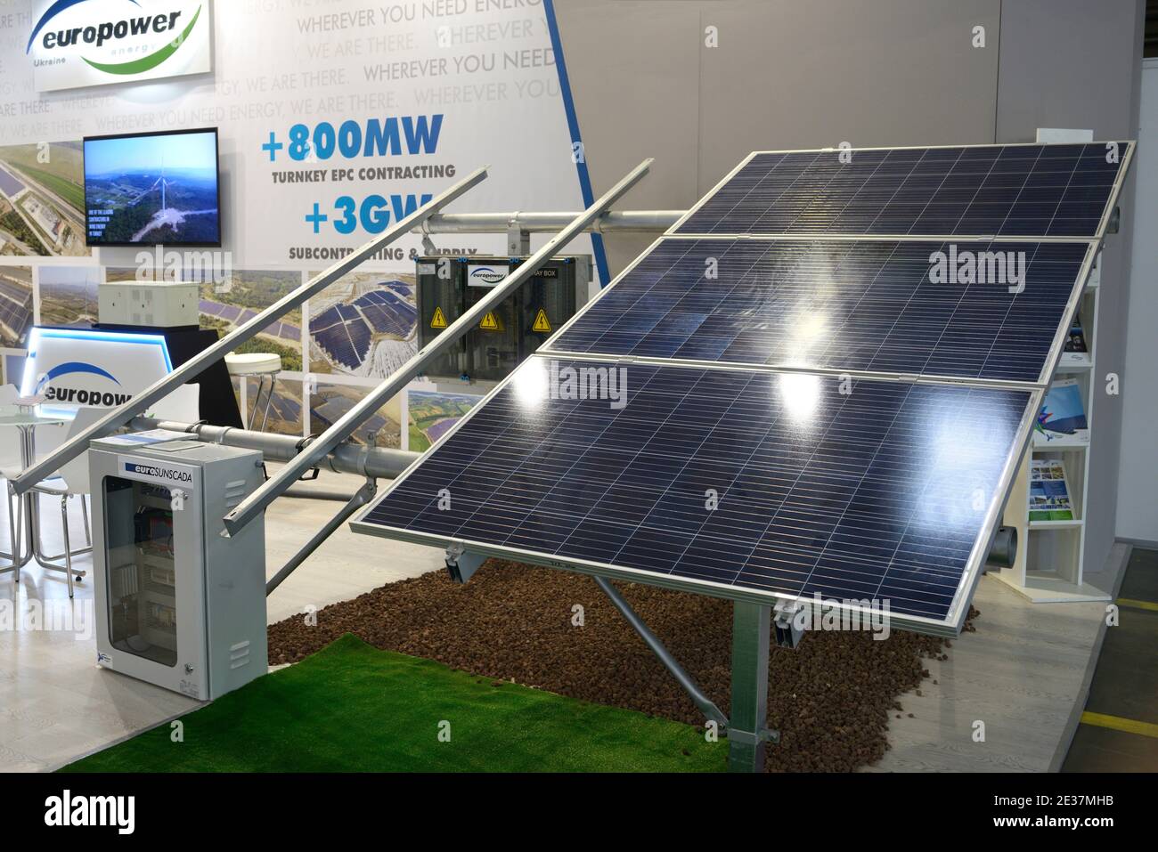 Solar panel set on a stand during exhibition. October 21, 2020. Kyiv ...