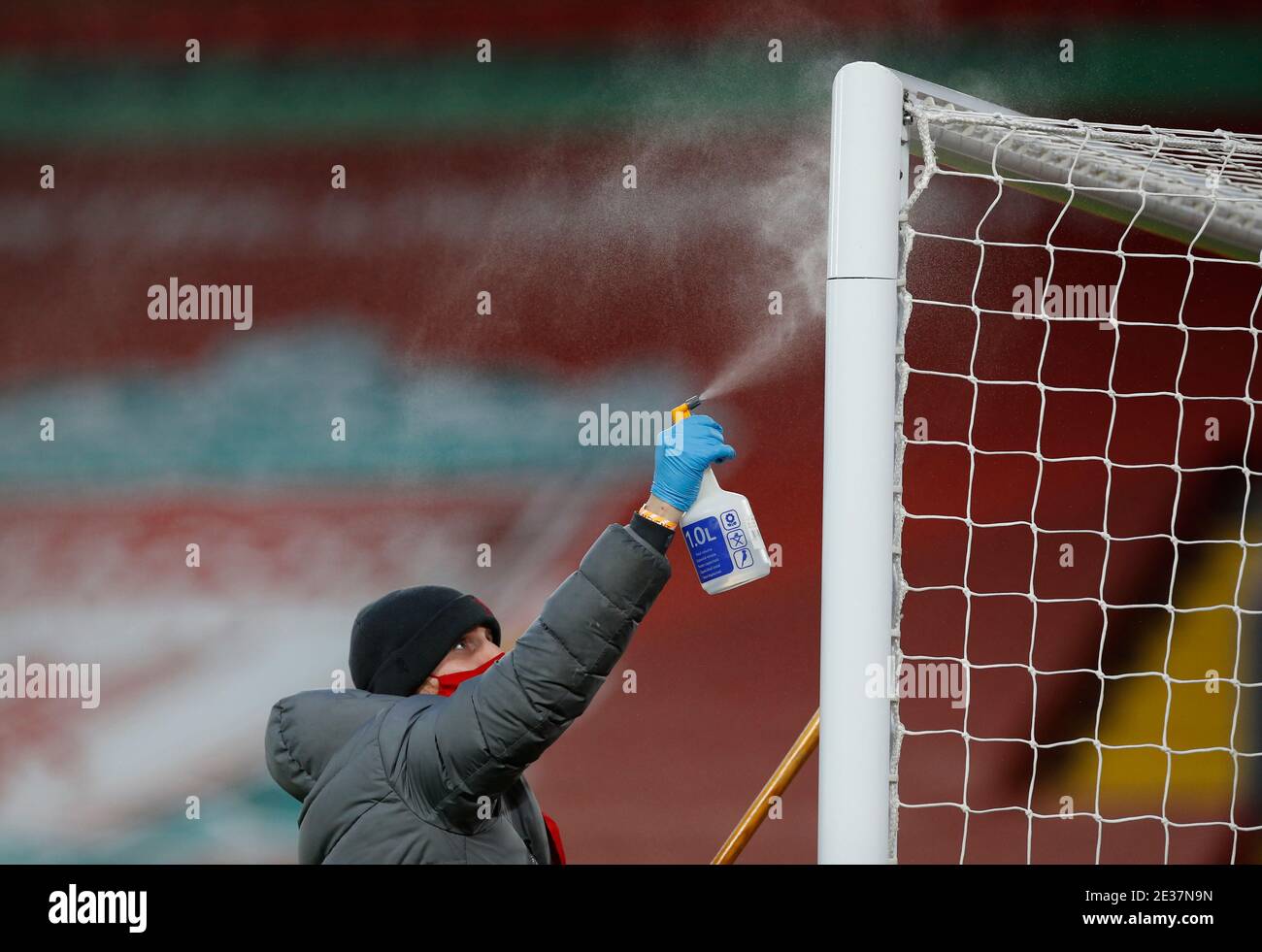 The goal posts are disinfected before the Premier League match at ...