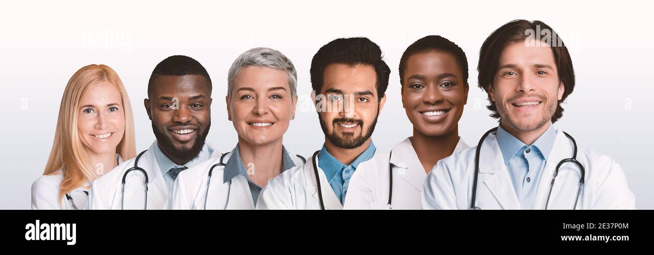Diverse Professional Doctors Standing In Row On White Background ...