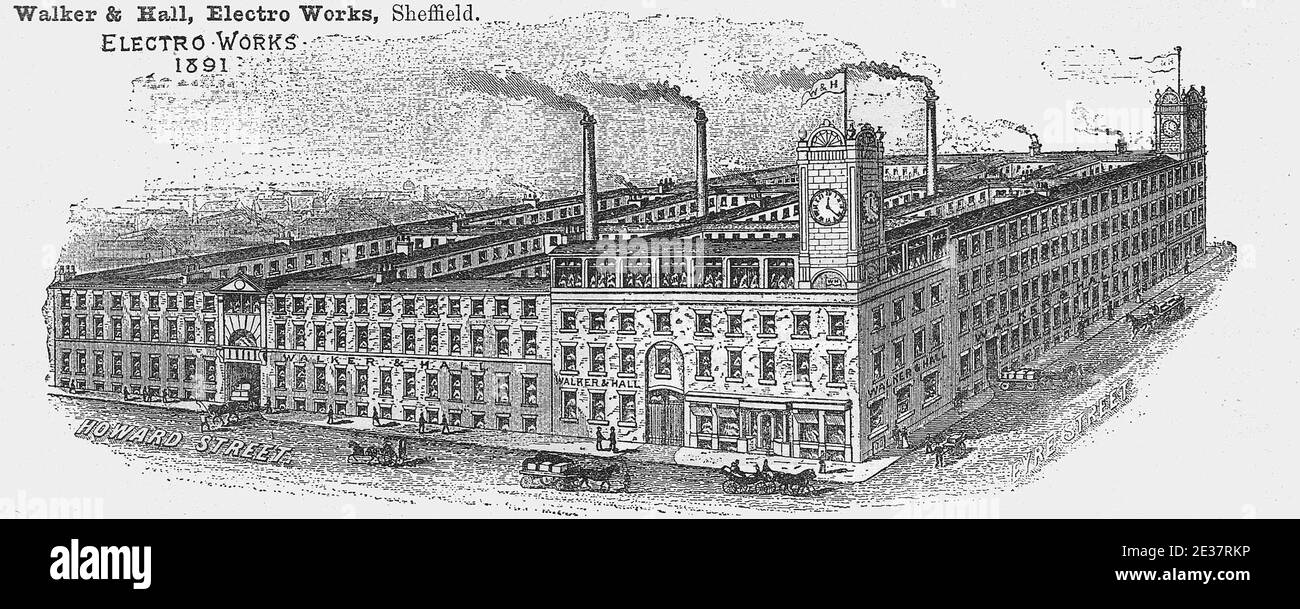 Walker and Hall, Electro Works, 1891, Sheffield, Yorkshire, UK. An etching, engraving or ...