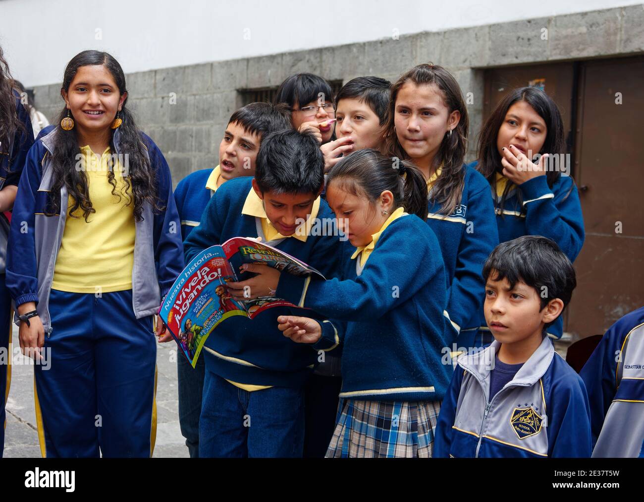 school children, group, boys, girls, uniforms, South America, Quito ...