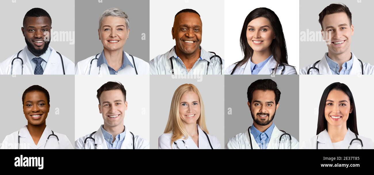 Collection Of Doctors And Nurses Headshots In Collage, Gray Backgrounds ...