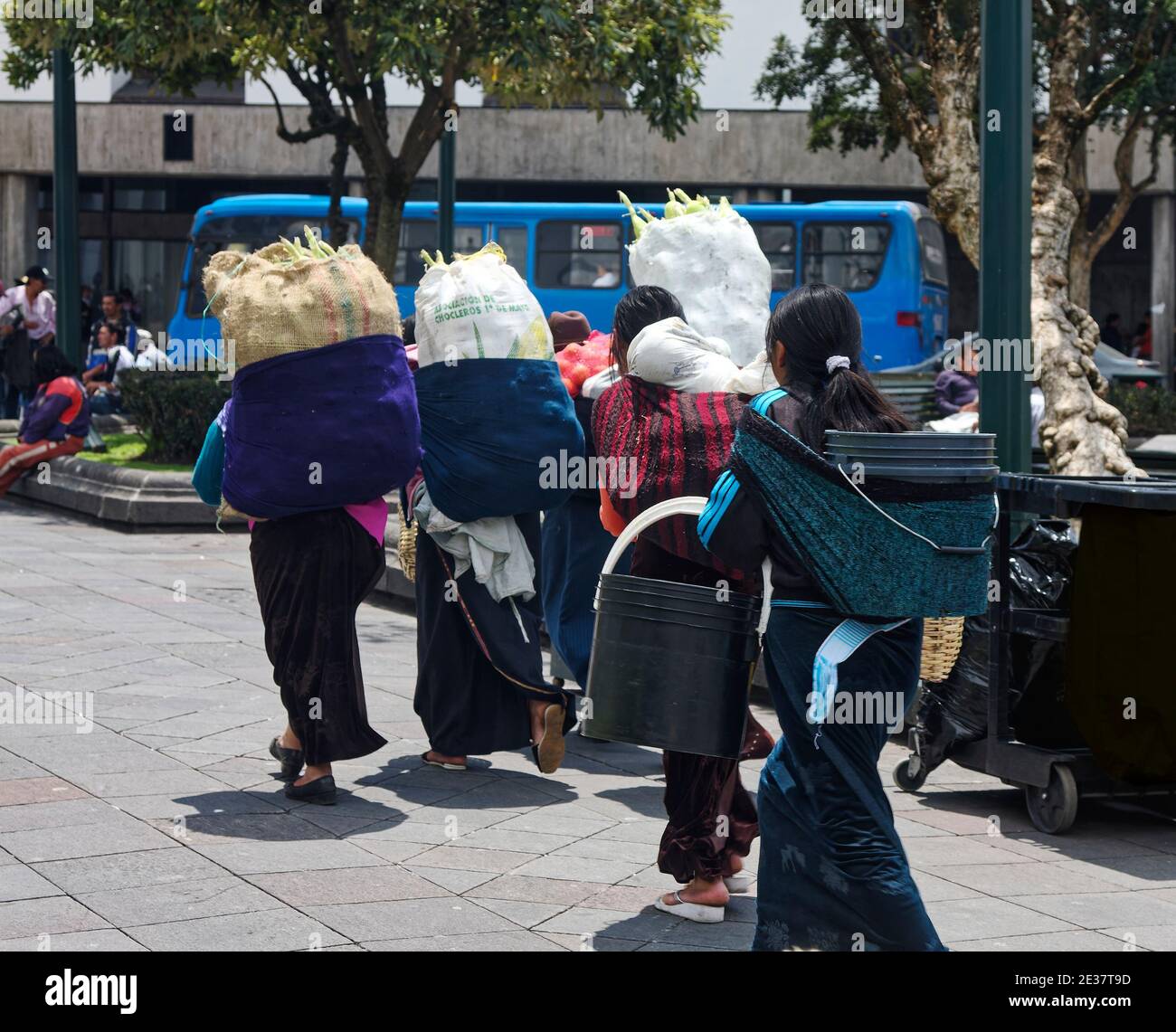 Indigenous women walking, carrying large sacks on backs; heavy load ...
