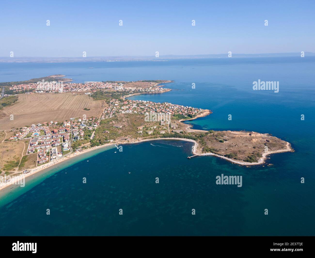 Aerial view of Gradina (Garden) Beach near town of Sozopol, Burgas ...
