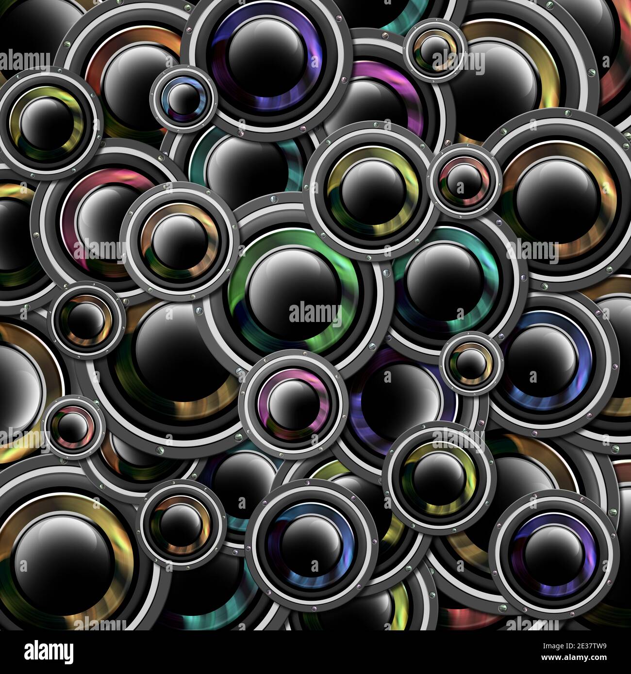 Background with many acoustic speakers of different size and colors, 3D ...