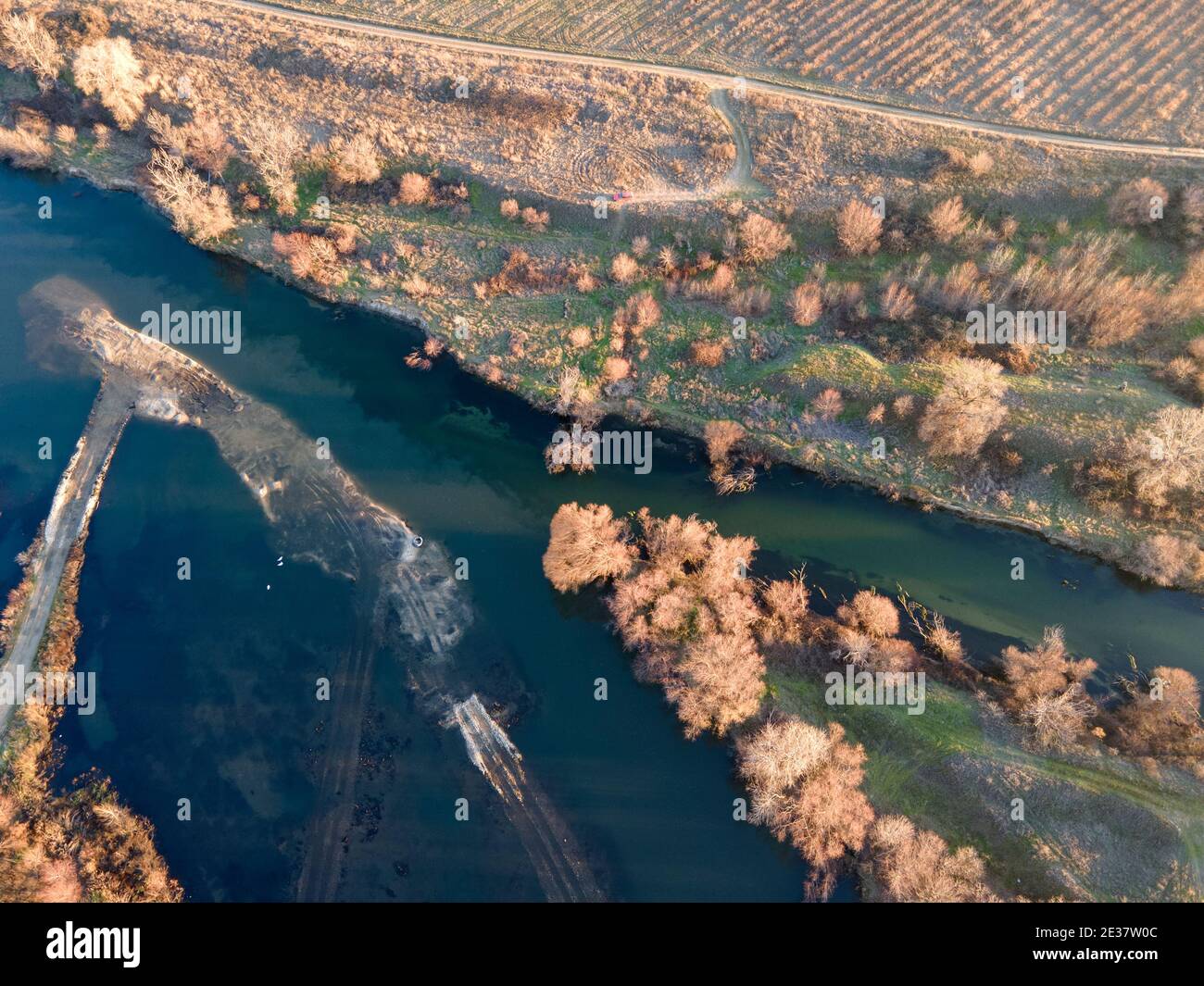 Aerial view of Vacha River, pouring into the Maritsa River near city of ...